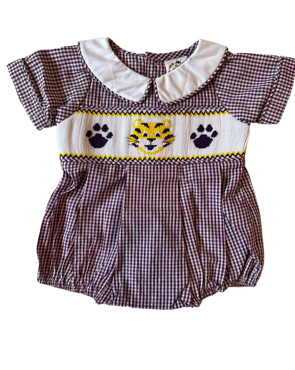 LSU tiger boy bubble – Honey Bee Smocked Boutique